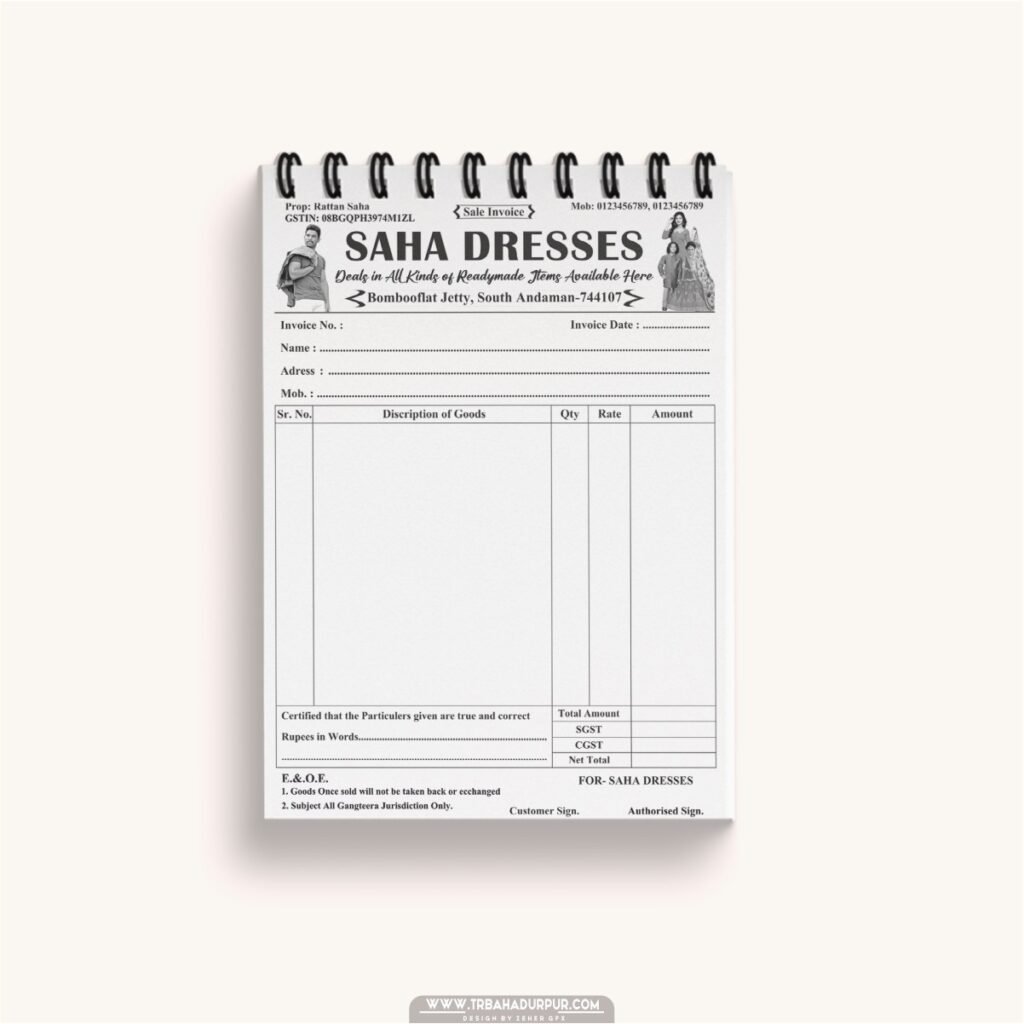 Saha Dresses Readymade Garments Bill Book Design Cdr File